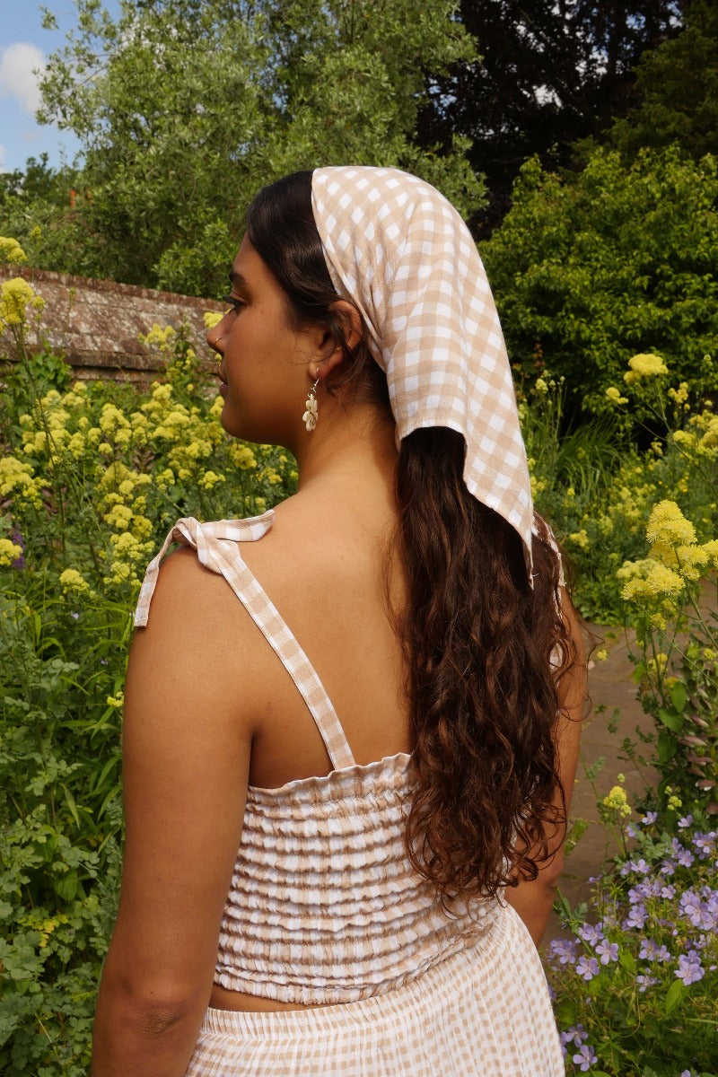Sally Bandana in Biscuit Brown Gingham | All About Audrey – All About Audrey Vintage Boutique