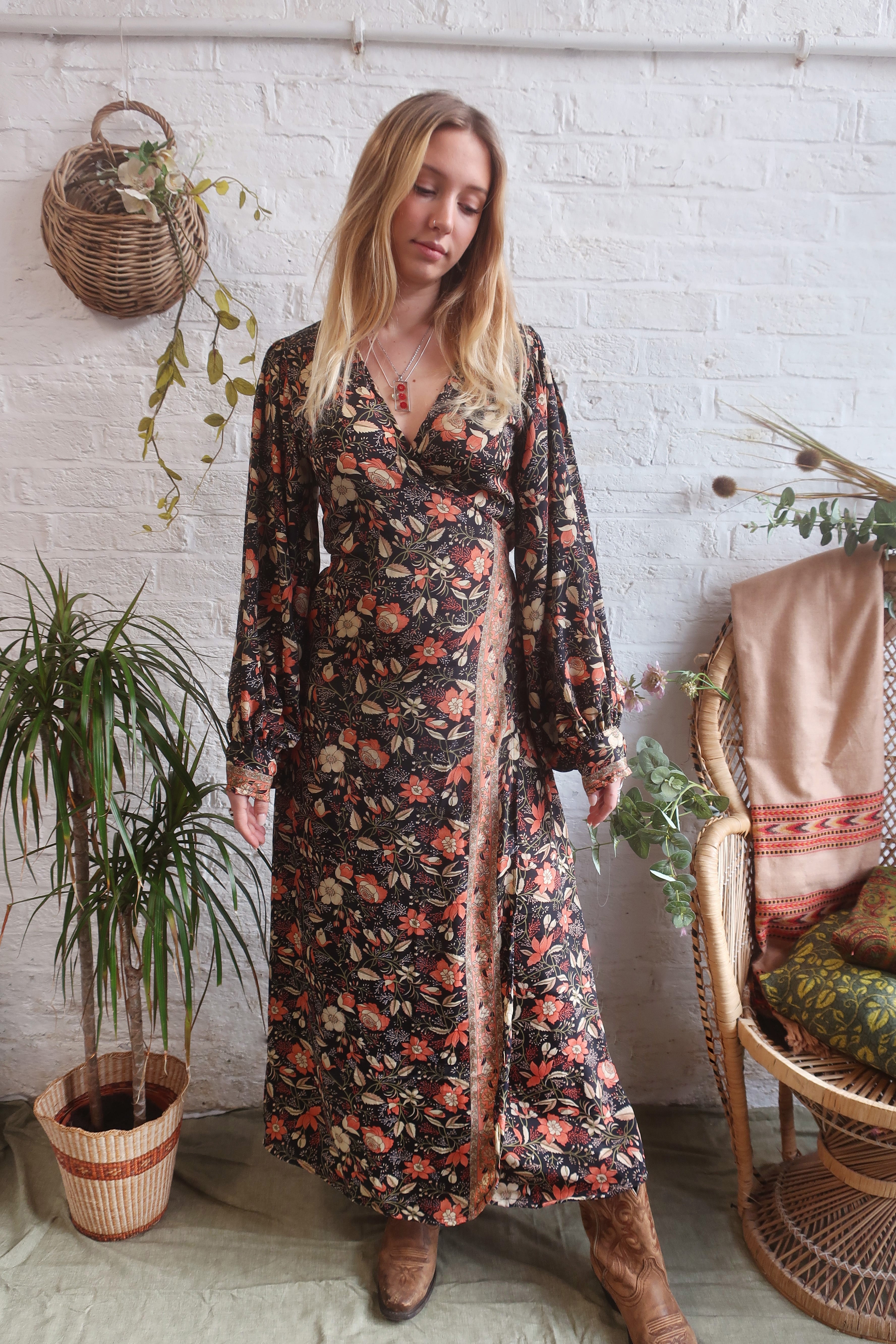 Lola Folklore Floral Wrap Dress in Hemlock Black – All About Audrey ...
