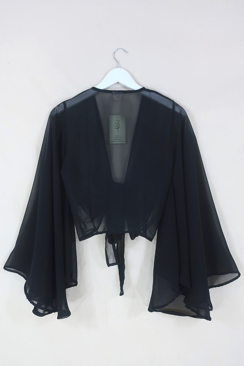 Virgo Sheer Bell Sleeve Wrap Top | Obsidian Black | All About Audrey – All About Audrey Vintage ...