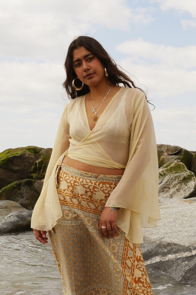 Virgo Sheer Bell Sleeve Wrap Top | Shell White | All About Audrey – All ...