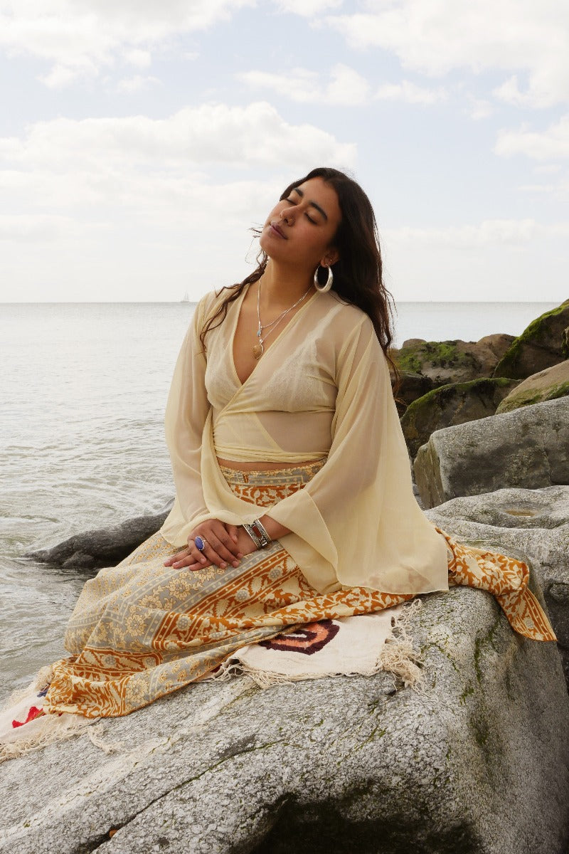 Virgo Sheer Bell Sleeve Wrap Top | Shell White | All About Audrey – All ...