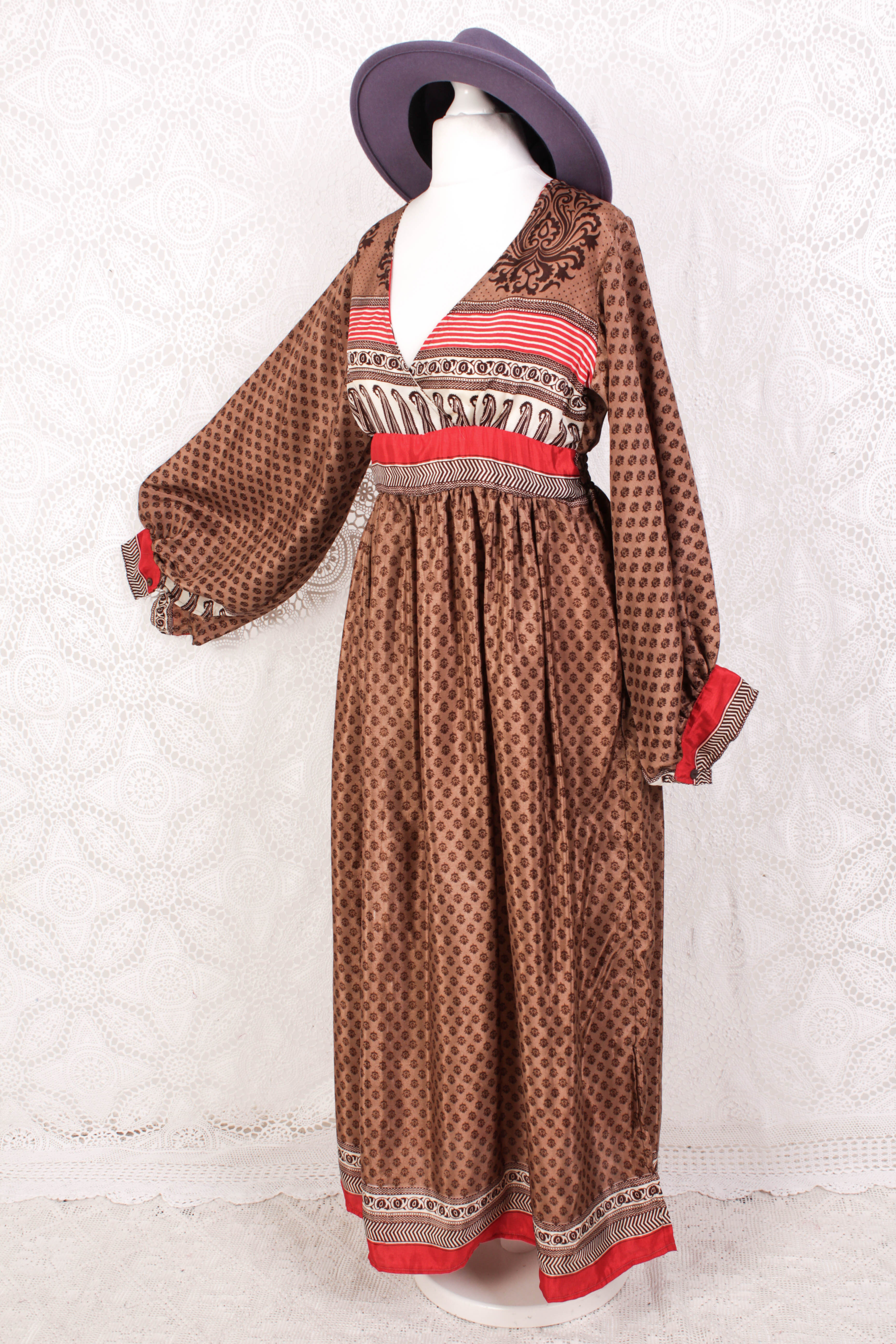 Rosemary Maxi Dress - Vintage Indian Sari - Hazelnut & Red Floral Pais ...