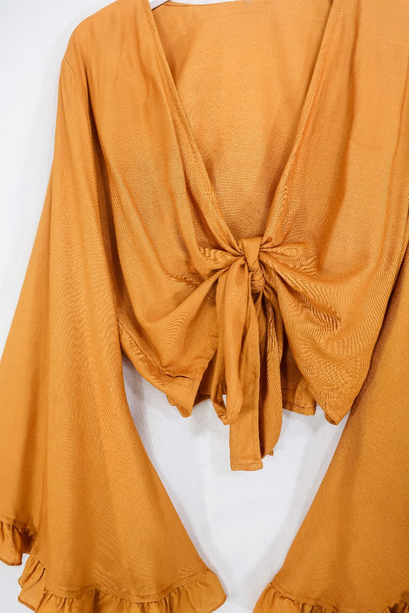 Frill Bell Sleeve Venus Wrap Top | Mustard Yellow | All About Audrey – All About Audrey Vintage ...